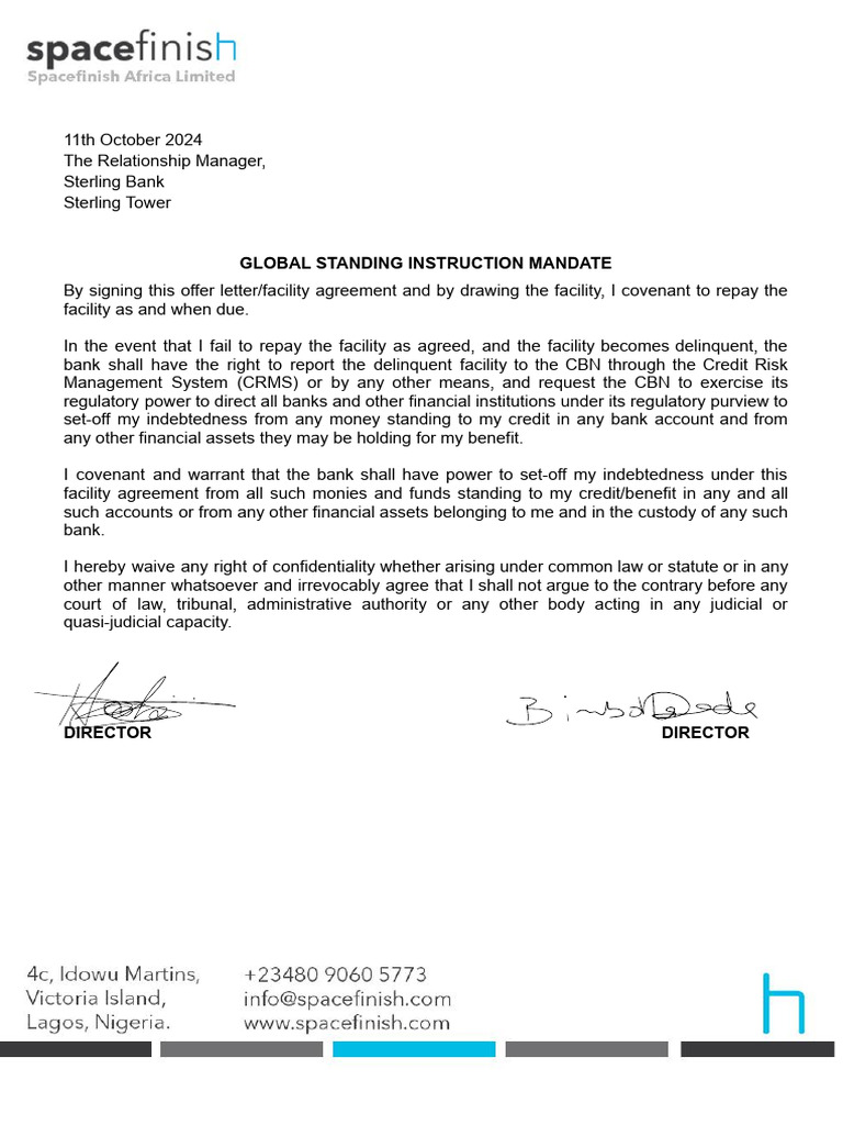 Global Standing Instruction Mandate | PDF