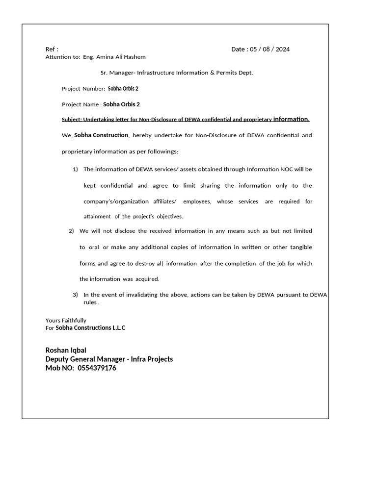 Information - Dewa Undertaking Letter | PDF