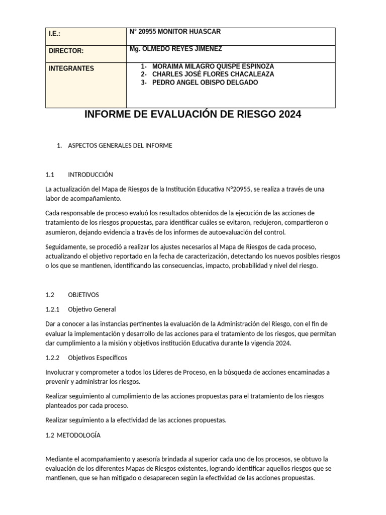 Informe De Evaluación De Riesgos 2024 Pdf Evaluación Riesgo