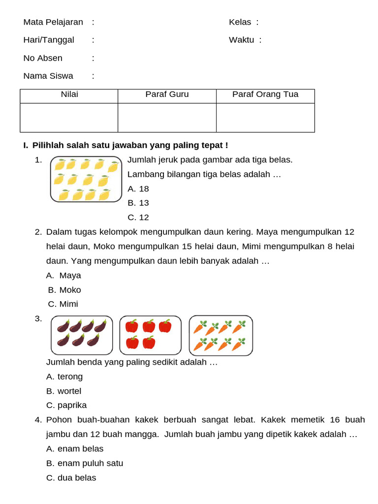 Naskah Soal STS Matematika Kelas 1 Semester 1 2024-2025 | PDF