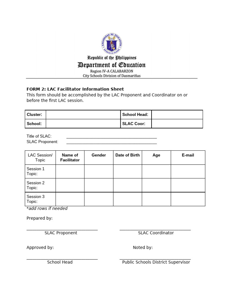 Form 2. LAC Facilitator Information Sheet | PDF