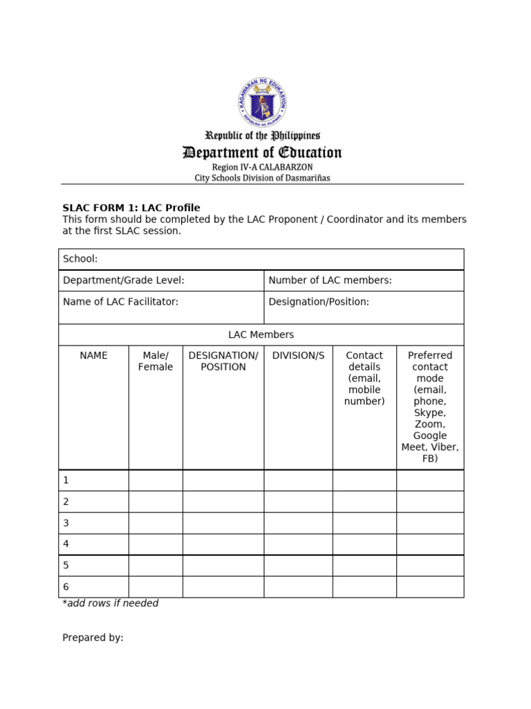 SLAC Form 1: LAC Profile Template | PDF