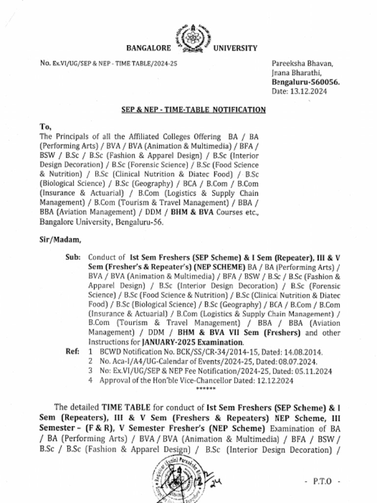 First Semester Exam Time Table SEP Scheme January 25 | PDF