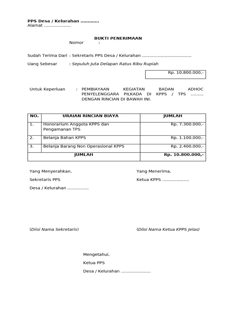 Format Tanda Terima Dana Operasional KPPS | PDF