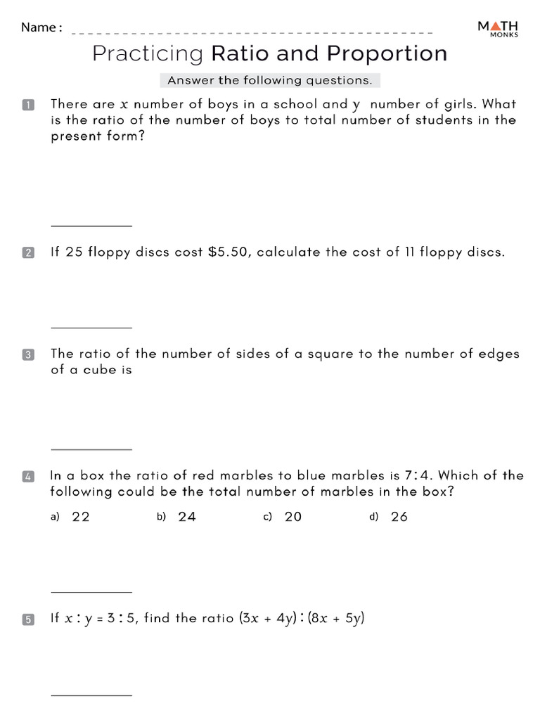 Ratio and Proportion Worksheet for Class 7 | PDF