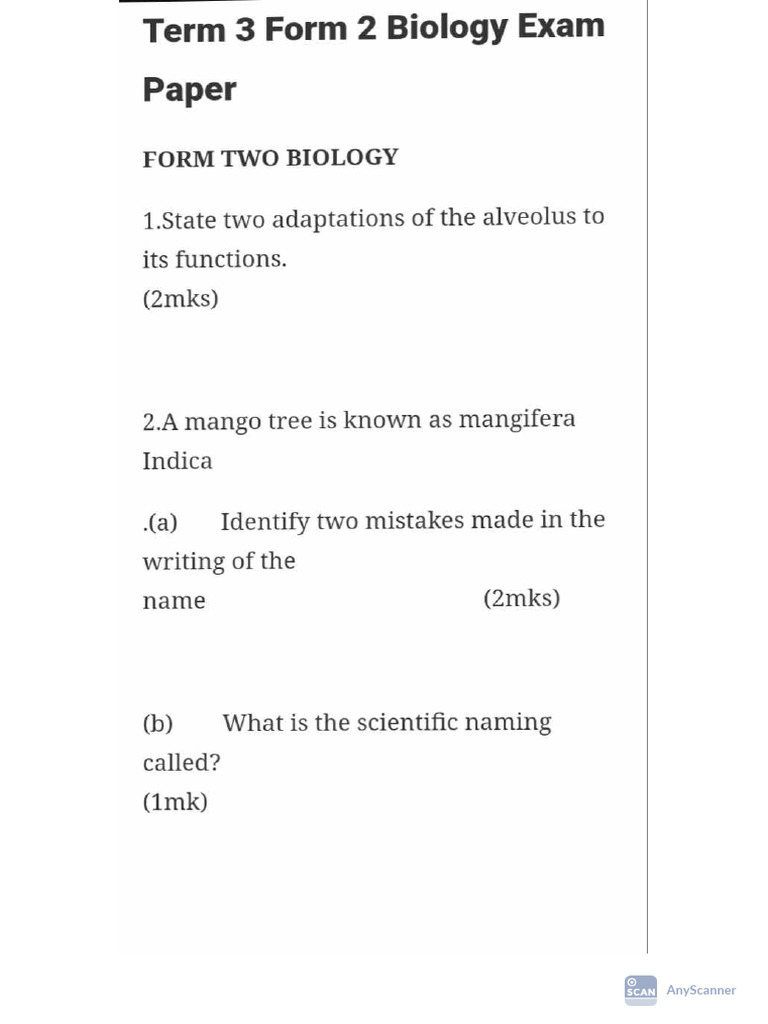 Term 3 Form 2 Biology Exam | PDF