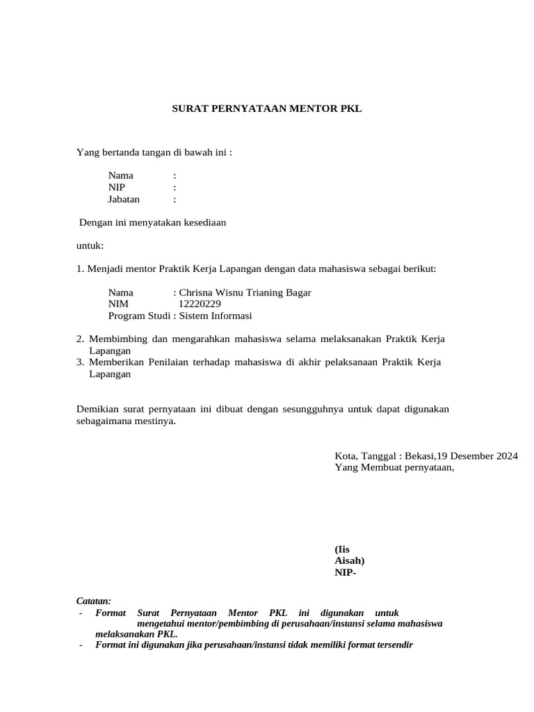 Surat Pernyataan Mentor PKL | PDF