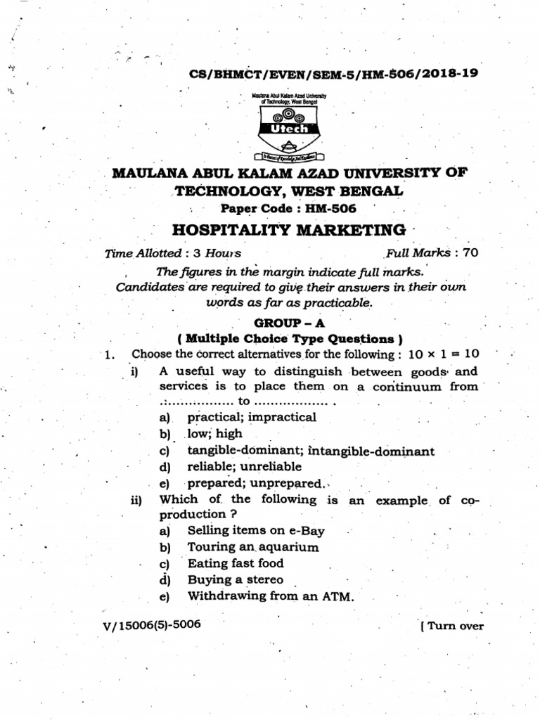 BHMCT Question Paper HM 506 Hospitality Marketing | PDF