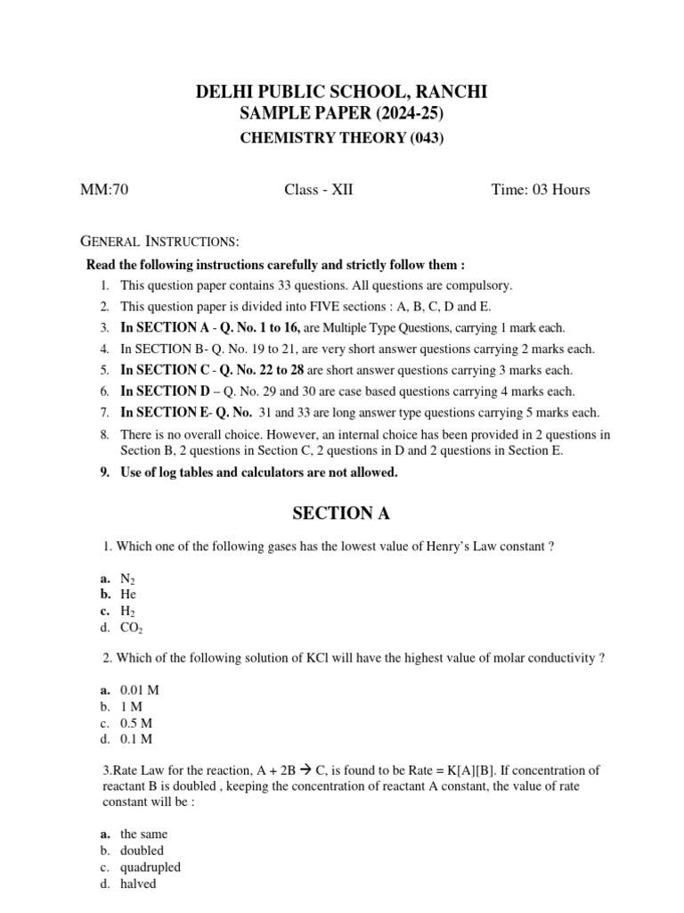 Xii Chemistry Sample Paper 2 | PDF | Chemical Reactions | Chemical ...