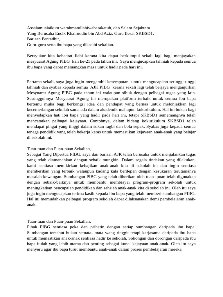 Teks Ucapan Ydp Pibg | PDF