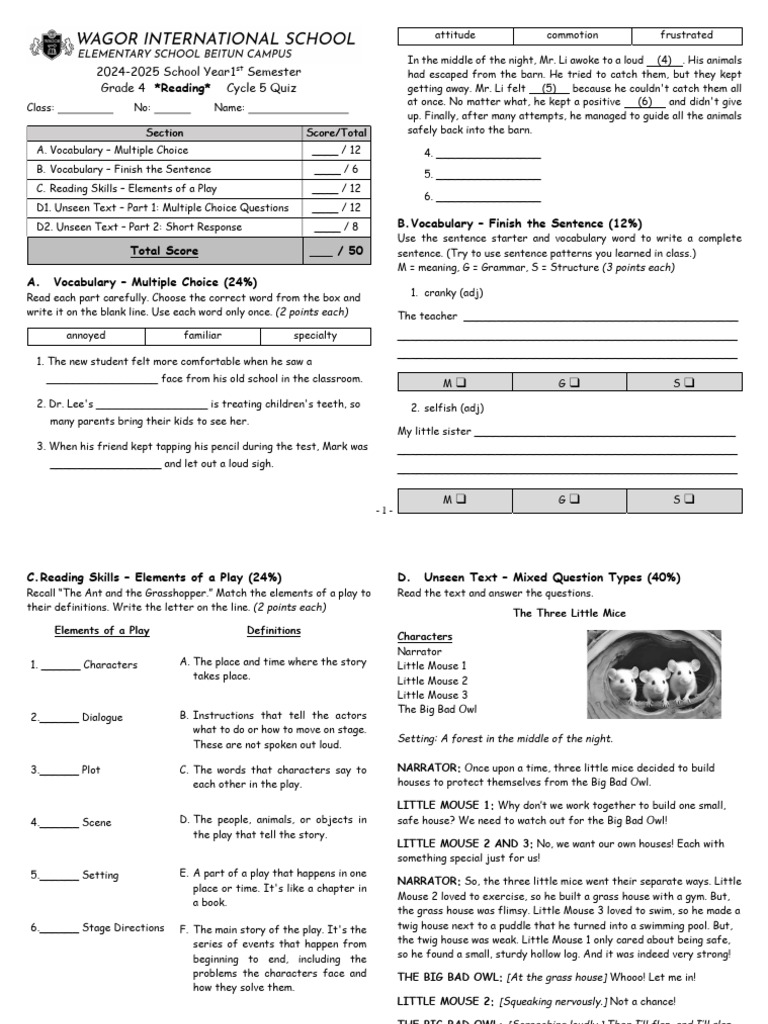 Grade 4 Reading Quiz: Cycle 5 | PDF | Mouse