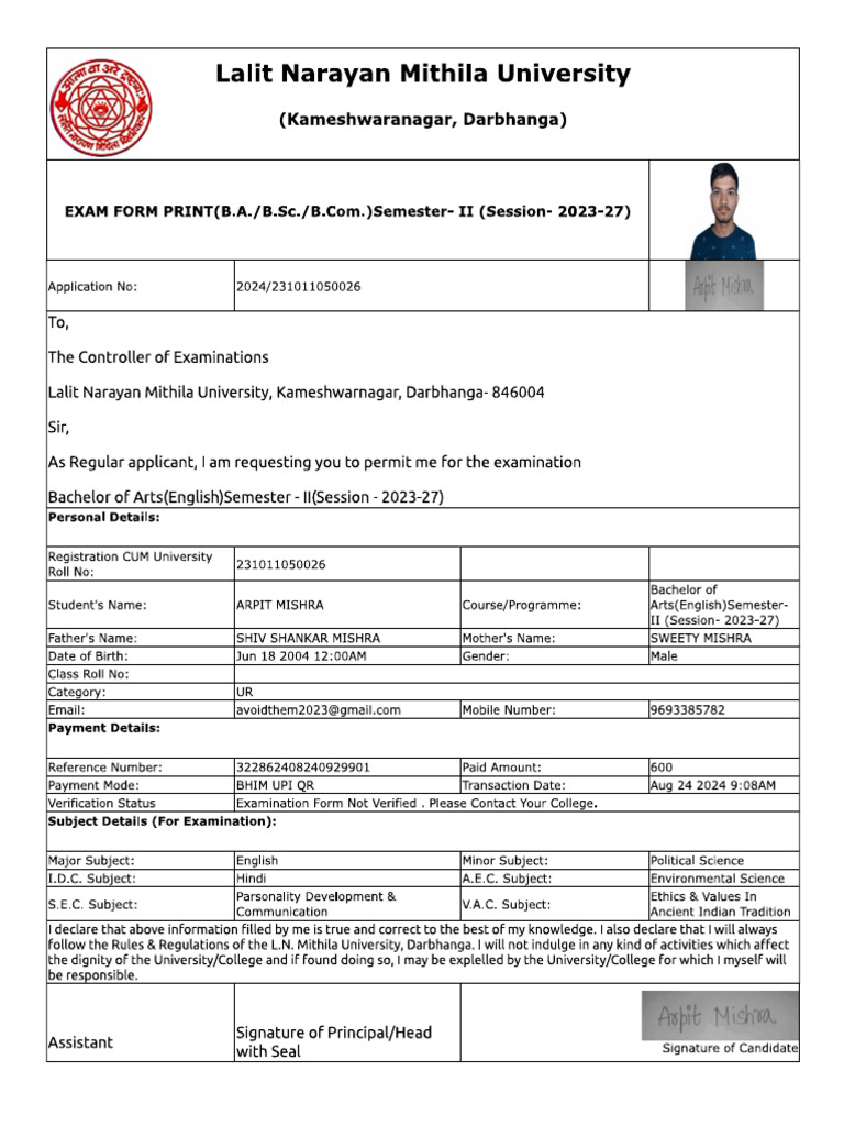 Arpit Exam Form With Photo | PDF