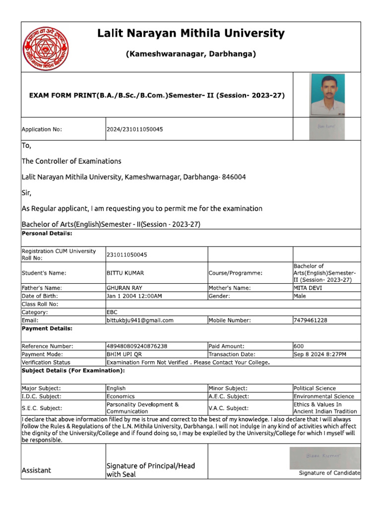 Bittu 2nd Sem Form With Photo | PDF