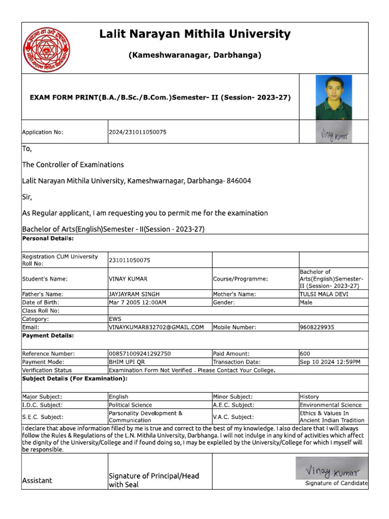 vinay 2nd sem form | PDF