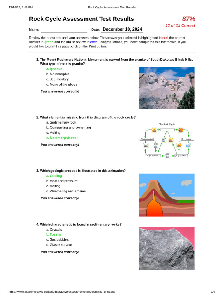 Rock Cycle Assessment Test Results | PDF | Rock (Geology) | Igneous Rock