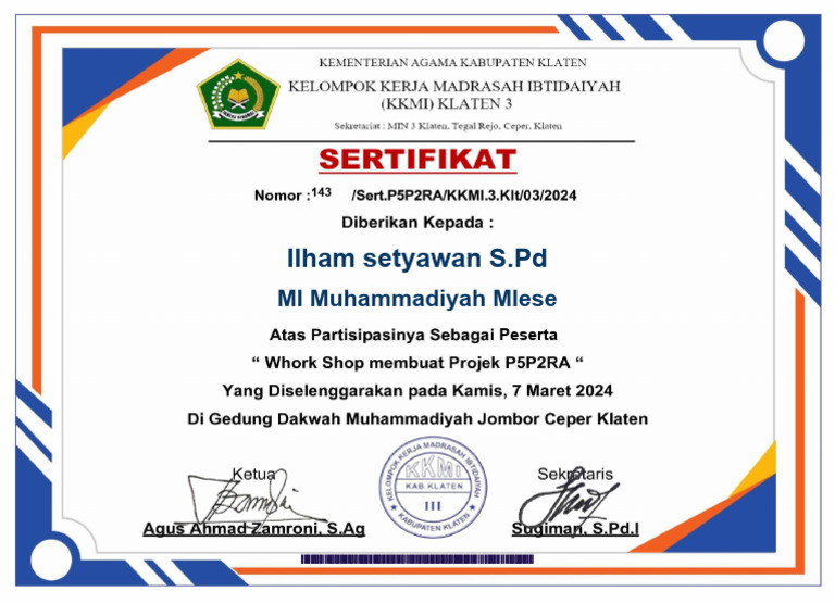 Sertifikat P5P2RA Ilham Setyawan S.PD | PDF