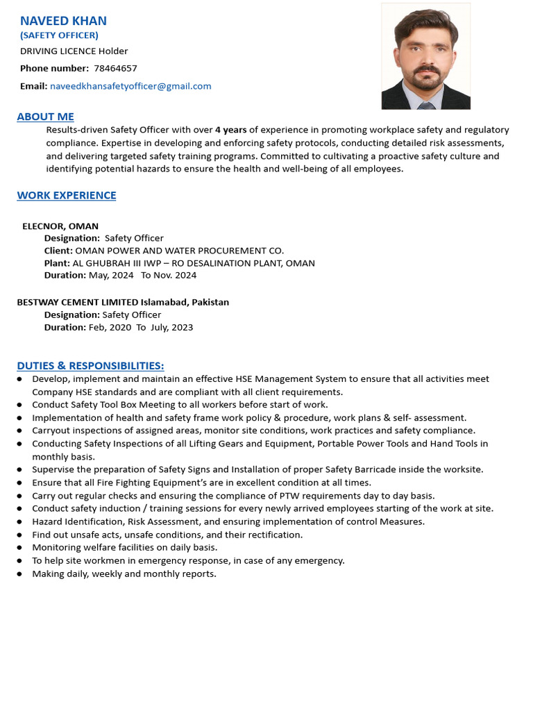 MR - NAVEED - CV - HSE Officer | PDF | Occupational Safety And Health ...