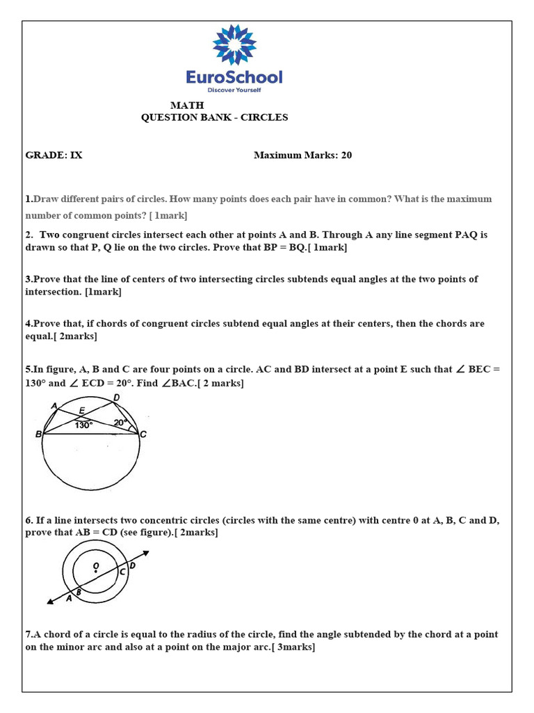 Math Question Bank - Circles Grade: Ix Maximum Marks: 20 | PDF