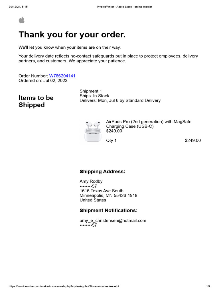 Apple Store Online Receipt for AirPods Pro | PDF | Receipt | Apple Inc.