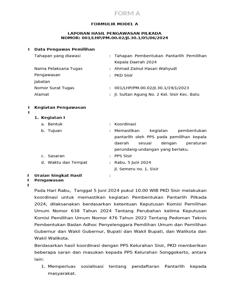 001-Form A-Sgk-Pembentukan Pantarlih | PDF