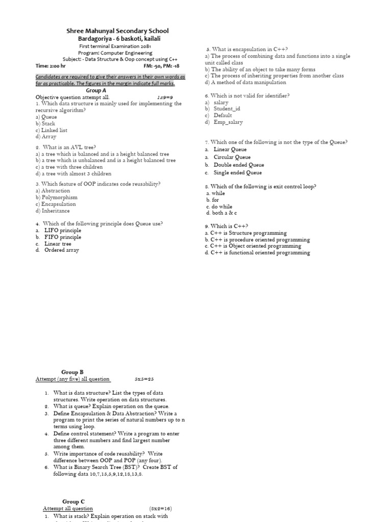 Dsa And Oop First Terms 2081 Pdf Object Oriented Programming C