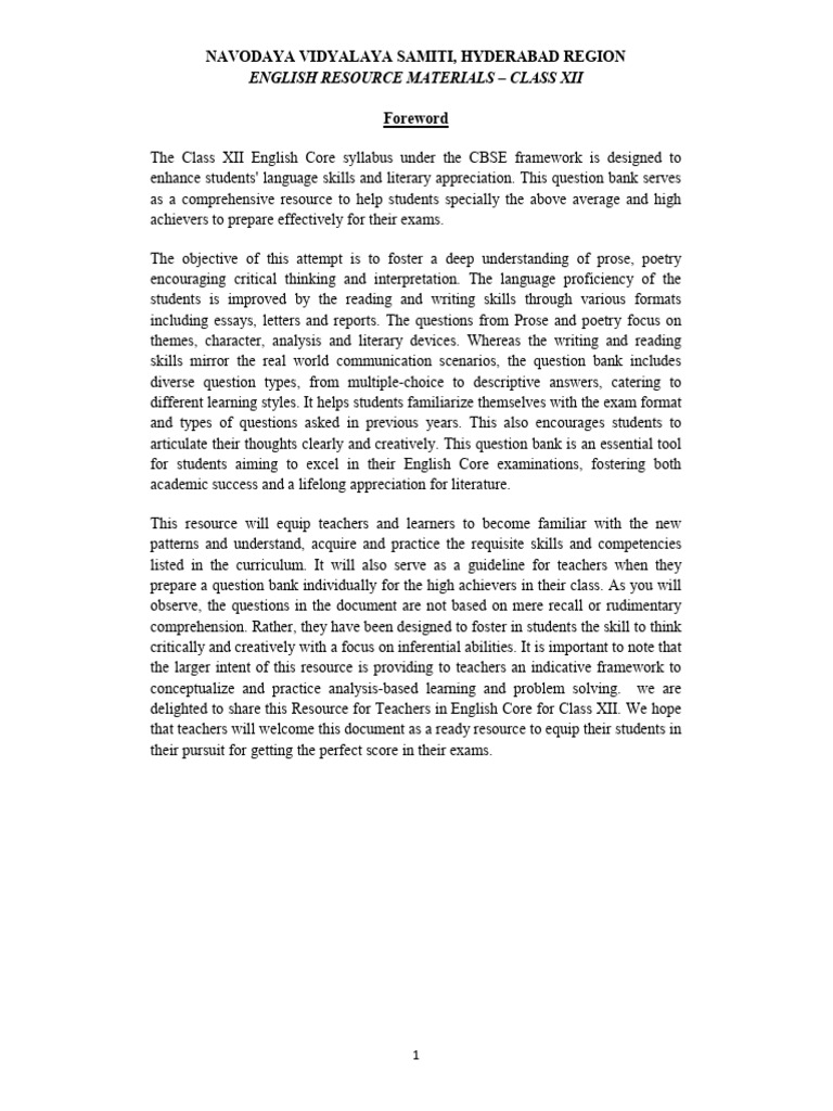 XII English Core (Study Material for Average & High Achievers) - Mandya 14.11.24 | PDF ...