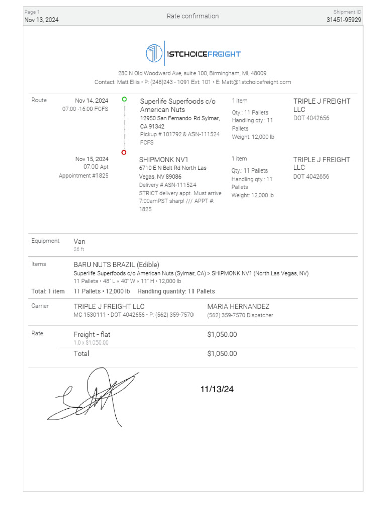 Freight Rate Confirmation for Shipment 31451 | PDF | Cargo | Transport