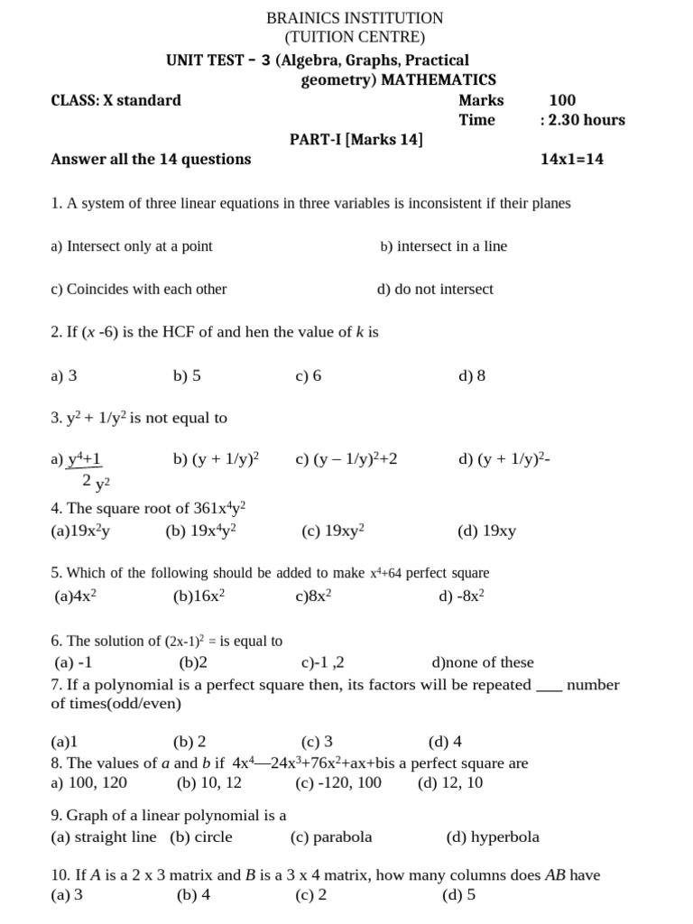 3 Unit Test Maths 24-11-24 | PDF | Matrix (Mathematics) | Equations