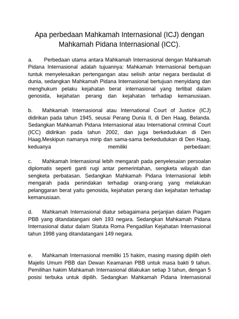 Apa Perbedaan Mahkamah Internasional (ICJ) Dengan Mahkamah Pidana Internasional (ICC) | PDF