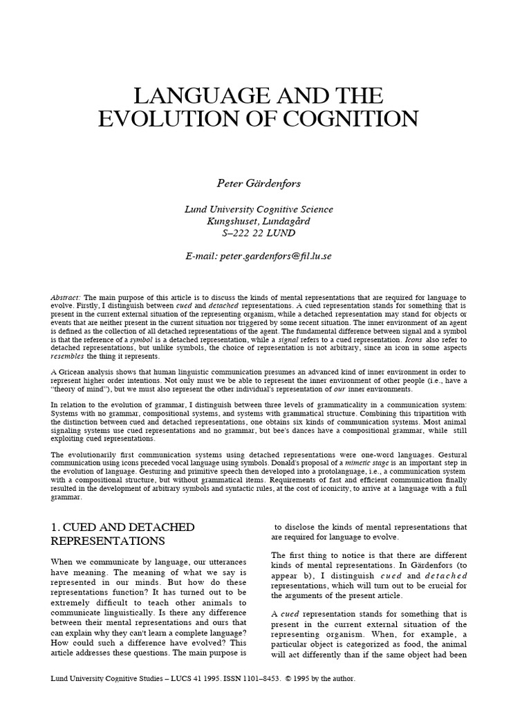 Language and The Evolution of Cognition - Peter Gaerdenfors - 1995 | PDF | Origin Of Language ...
