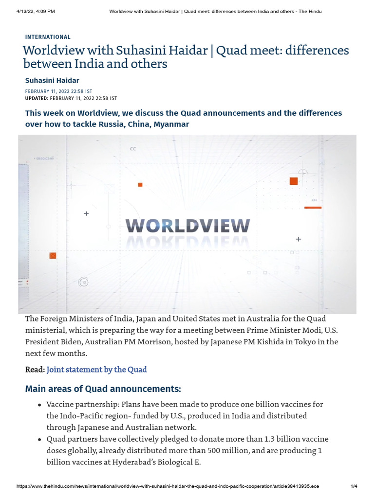 Worldview With Suhasini Haidar - Quad Meet - Differences Between India and Others - The Hindu ...