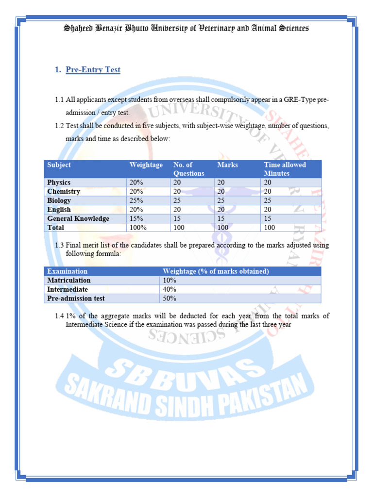 Pre-Entry Test Guide for Veterinary Admissions | PDF