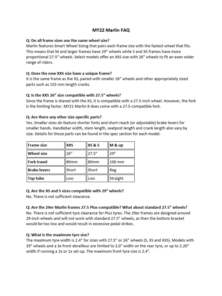 MY22 Marlin Bike Size and Compatibility FAQ | PDF | Vehicle Technology ...