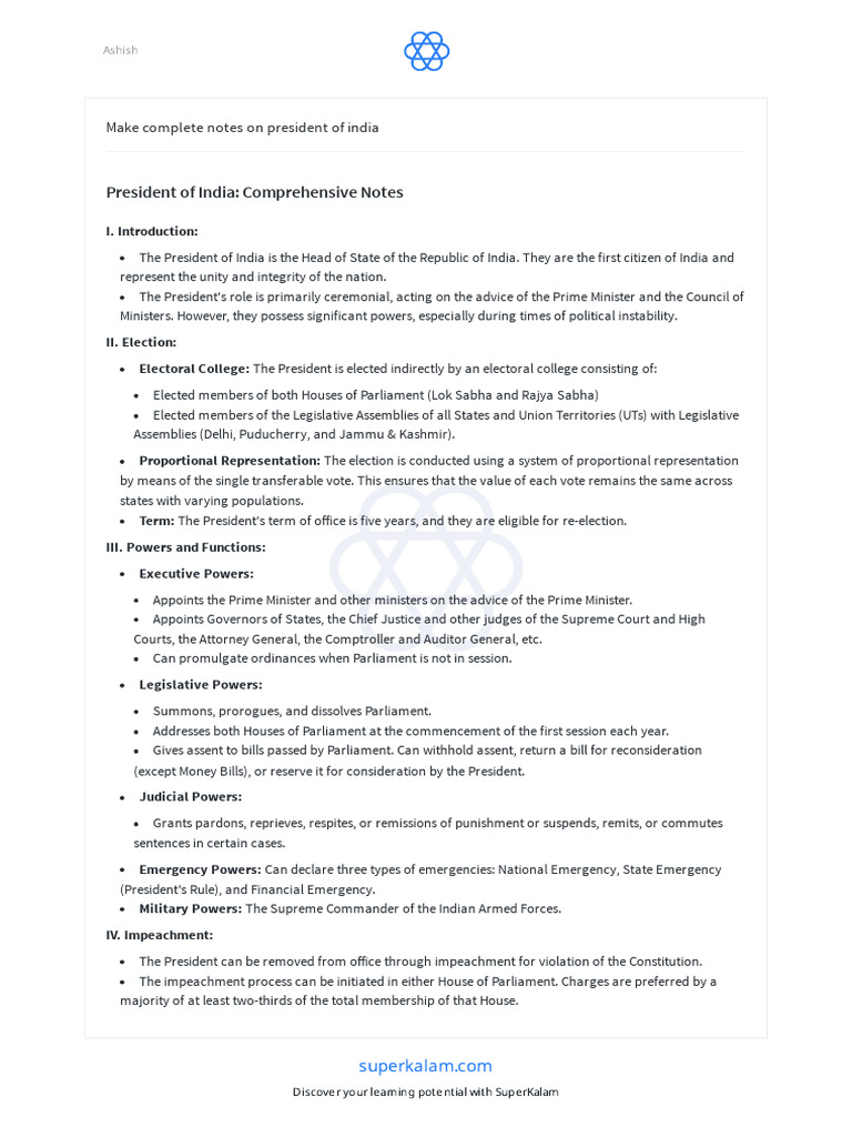 Make Complete Notes On President of India | PDF | Government | Governance