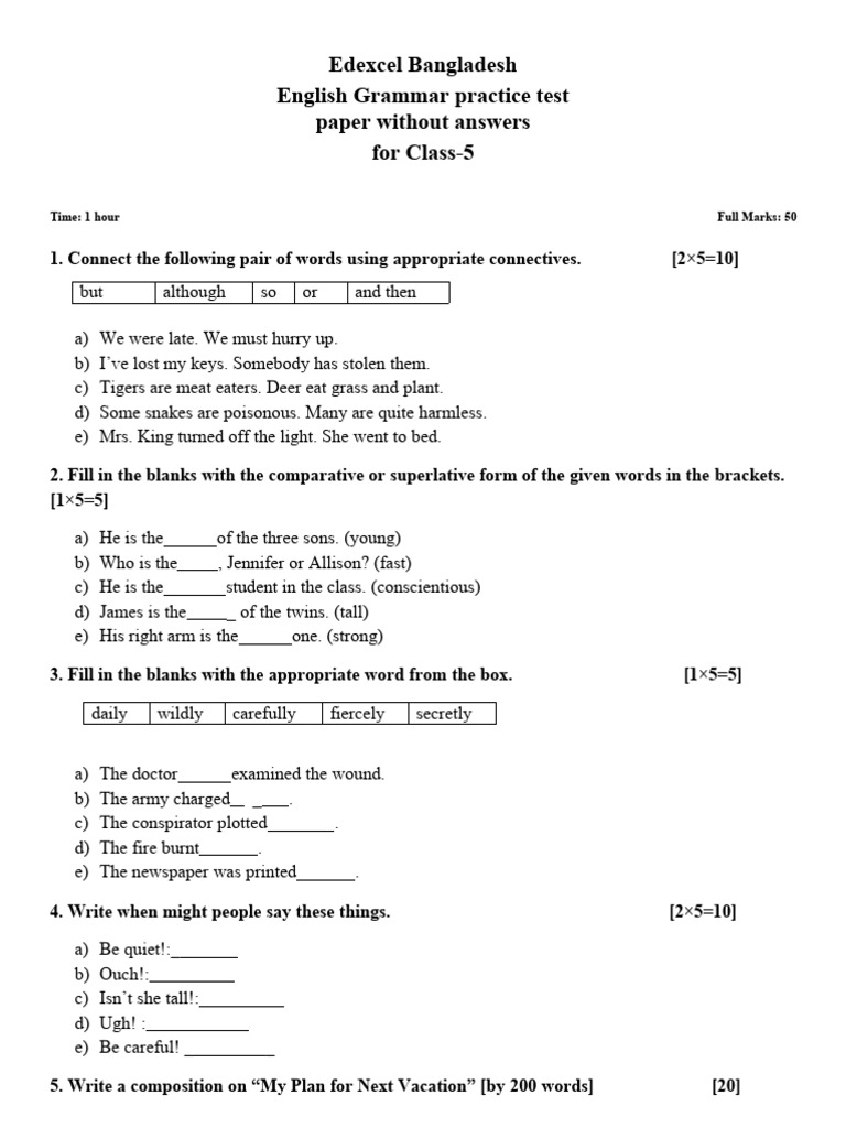 Class 5 English Grammar Test Paper | PDF