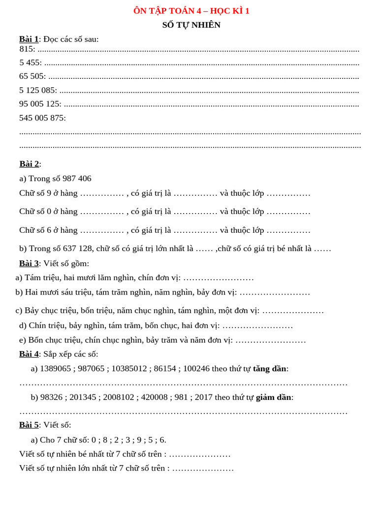 Ôn Toán 4 HK1 | PDF