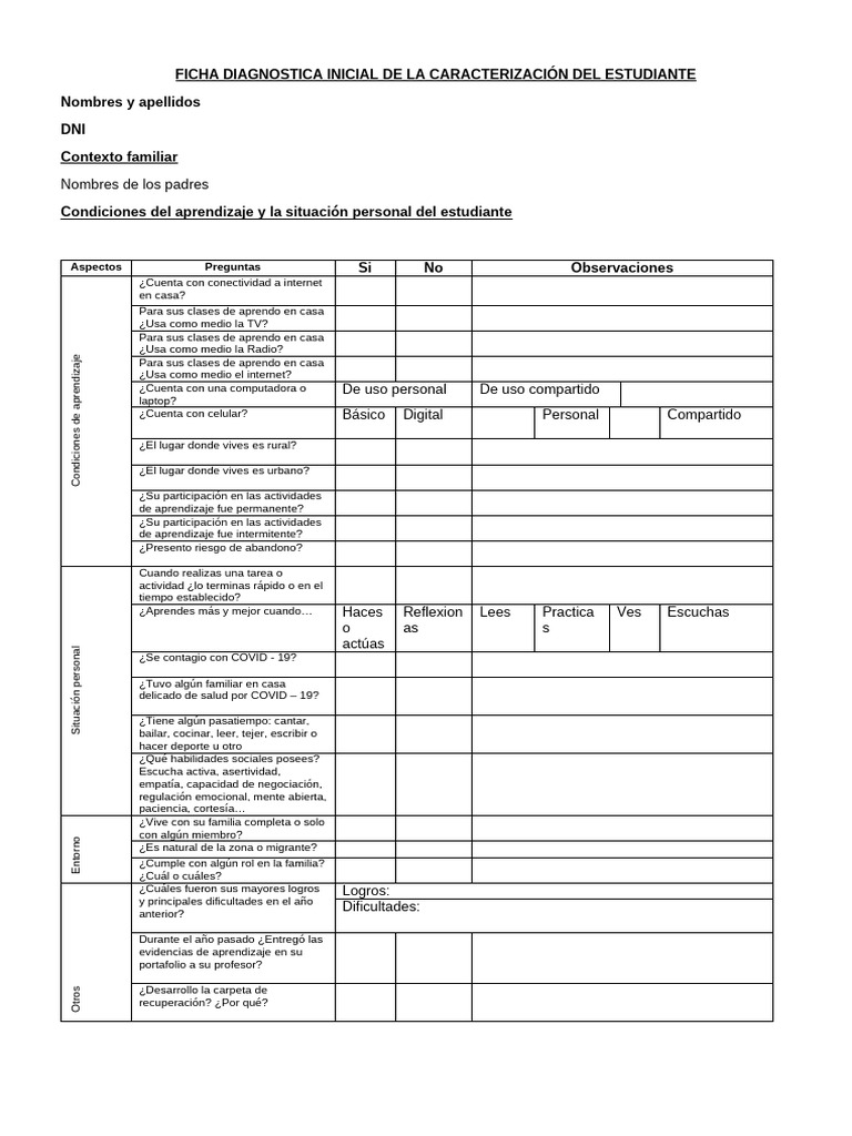 Ficha Diagnostica Inicial de La Caracterización Del Estudiante | PDF | Aprendizaje | Conceptos ...