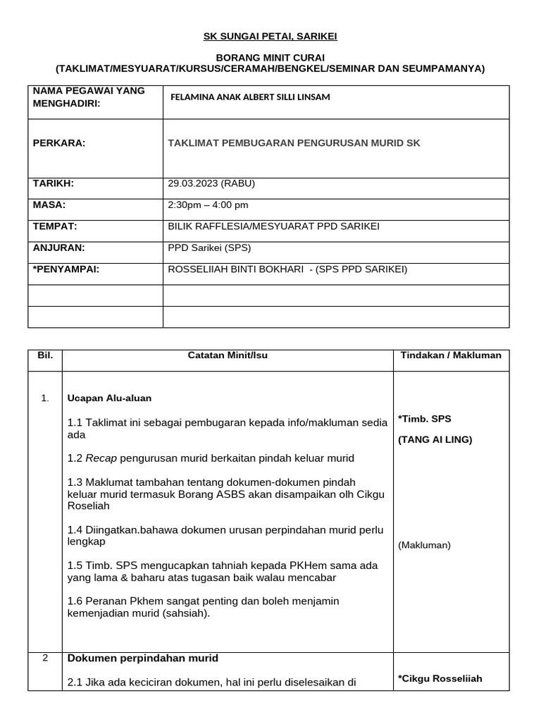 MINIT CURAI Taklimat Pembugaran Pengurusan Murid 29.03.2023 - 095701 | PDF