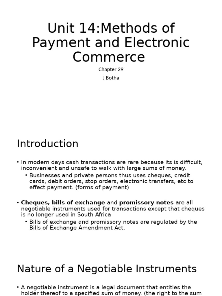 Unit 14 Revised Methods of Payment and Electronic Commerce | PDF | Negotiable Instrument | Money