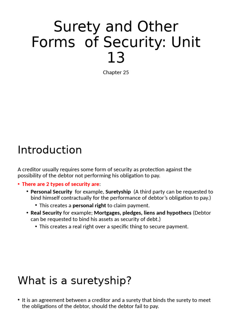 Understanding Surety and Security Types | PDF | Surety | Debtor