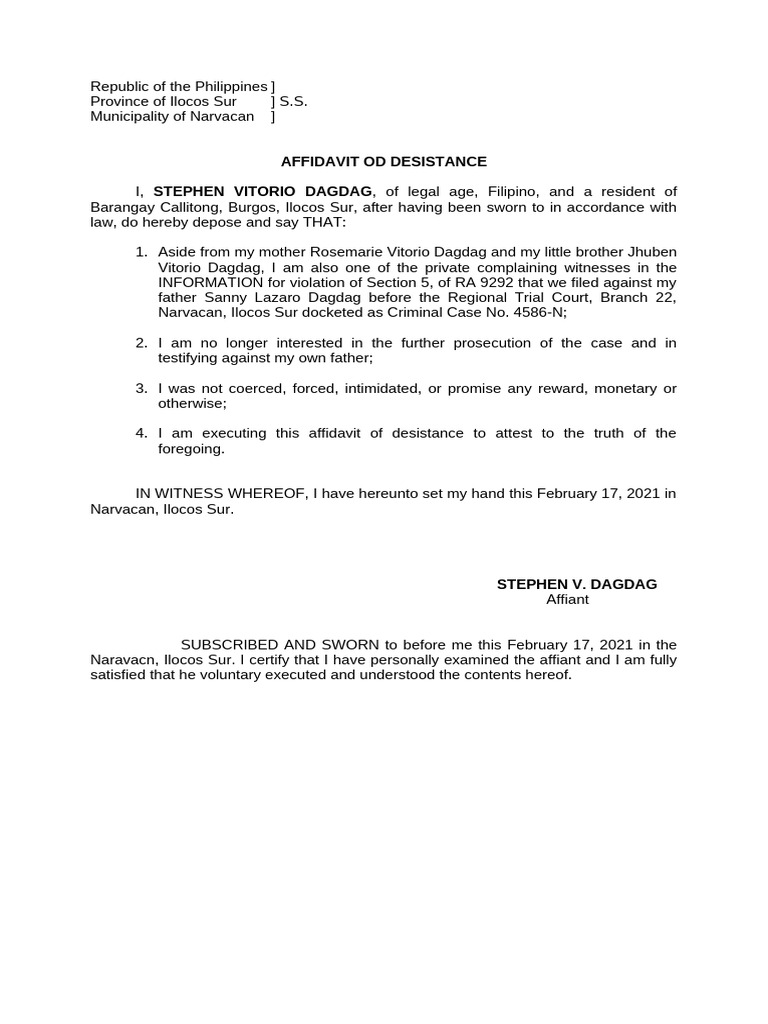 Affidavit of Desistance - Ilocos Sur | PDF