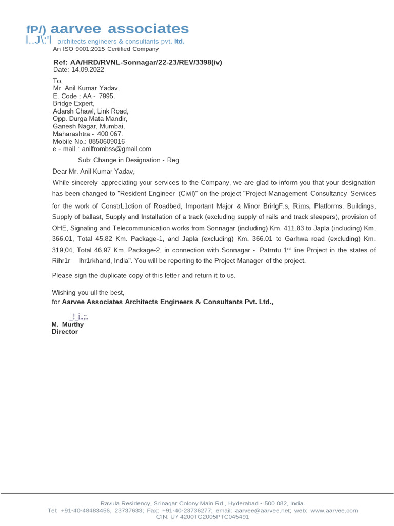 Change in Designation & Revision Letter - Anil Kumar Yadav | PDF ...