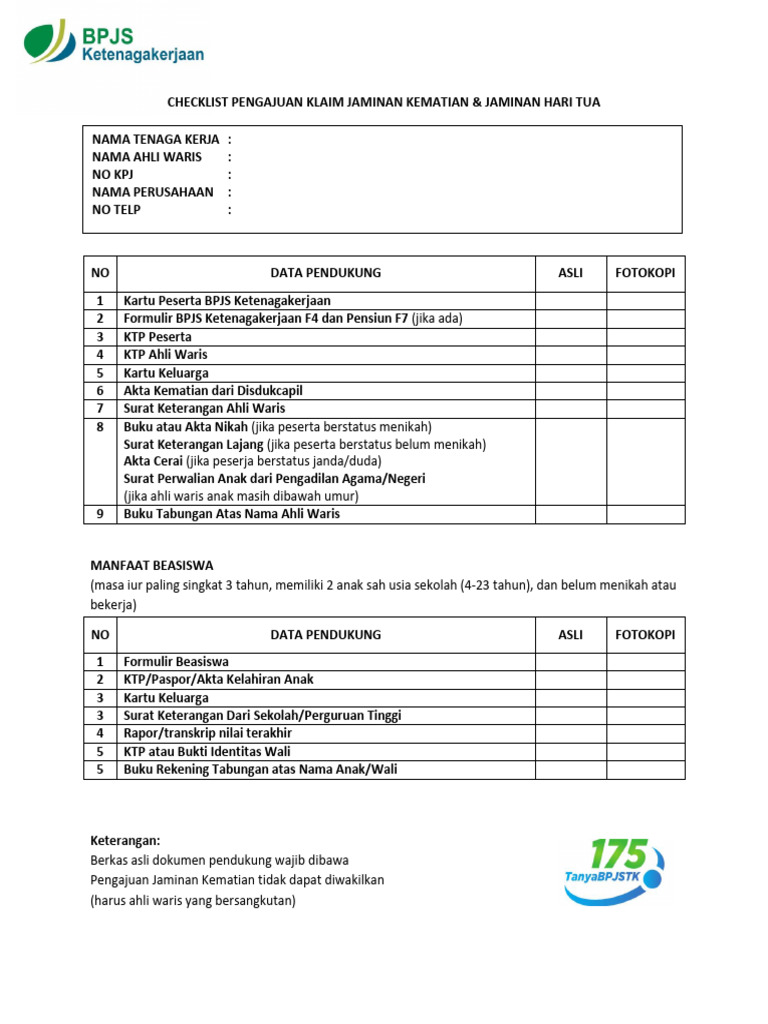 Checklist Klaim Jaminan Kematian & Hari Tua | PDF