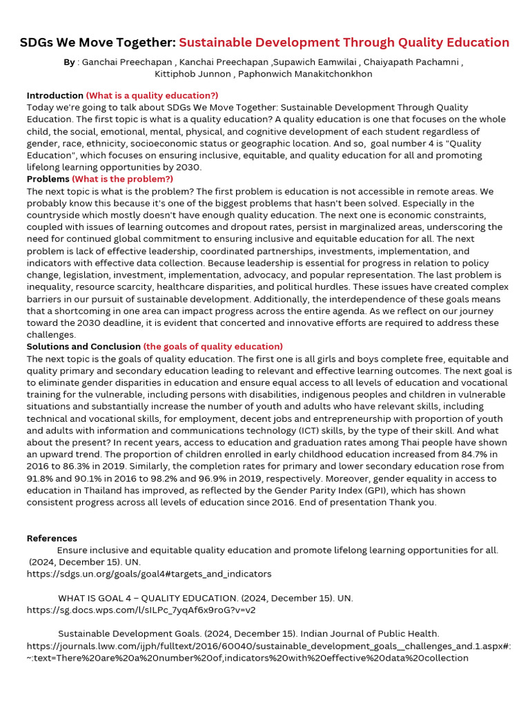Quality Education for Sustainable Development | PDF