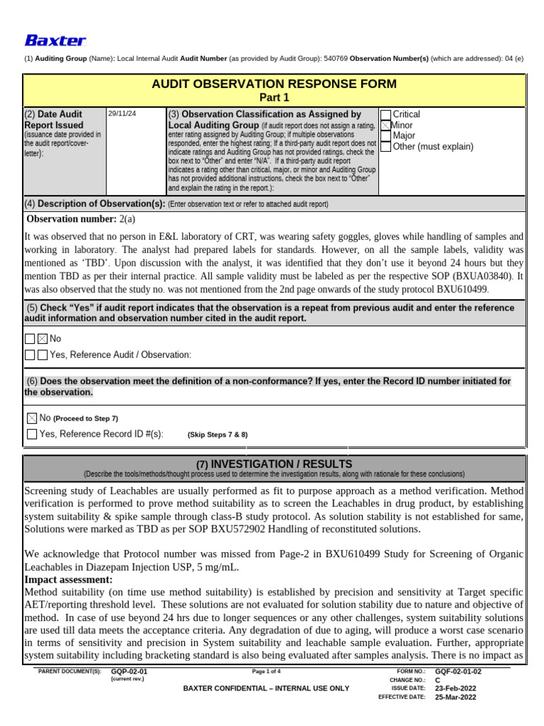 Audit Observation Response Form 540769 | PDF | Audit | Internal Audit