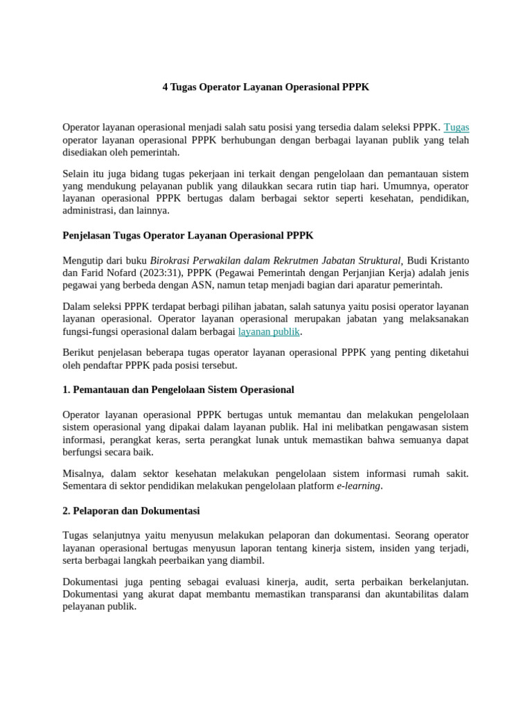 4 Tugas Operator Layanan Operasional PPPK | PDF