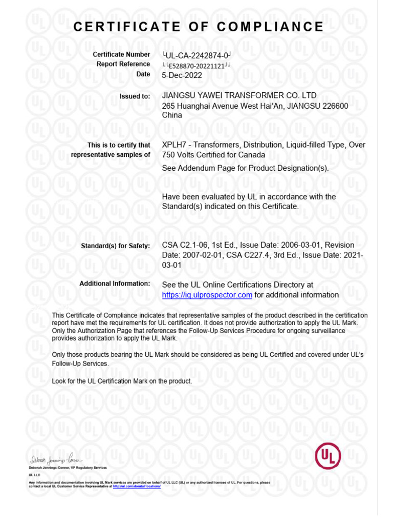 UL Compliance Certificate for Transformers | PDF | Electric Power ...