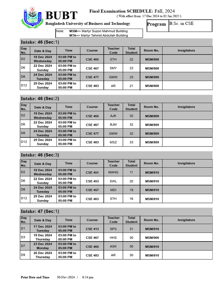 BUBT Fall 2024 CSE Exam Schedule | PDF