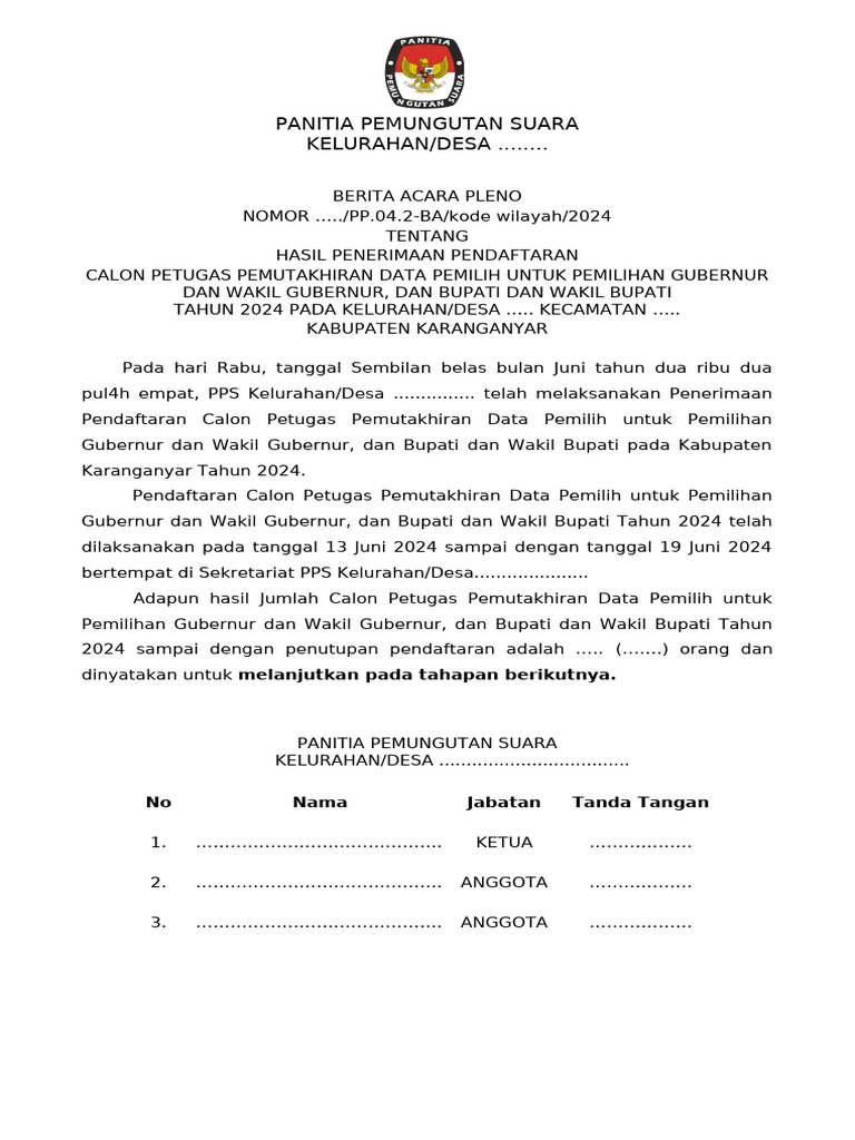 Berita Acara Hasil Penerimaan Pendaftaran Pantarlih | PDF