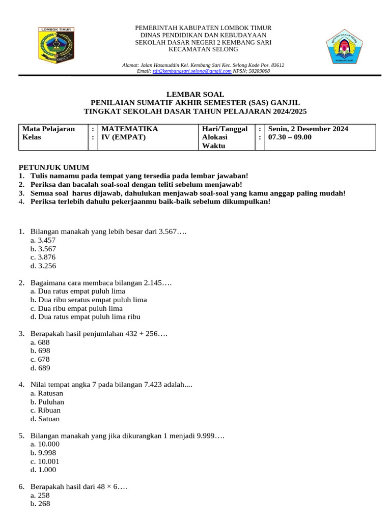 Soal Sas Matematika Kelas 4 Ganjil | PDF